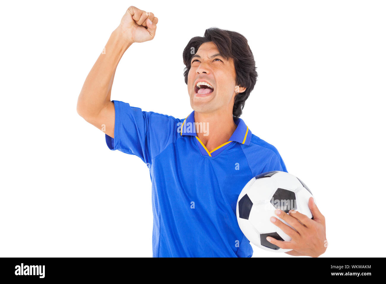 Football player in blue celebrating a victory on white background Stock ...