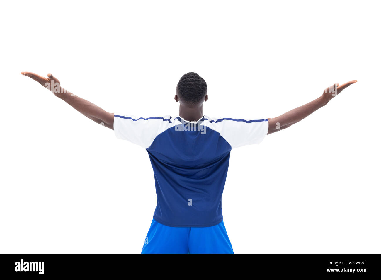 Football player in blue celebrating a win on white background Stock ...