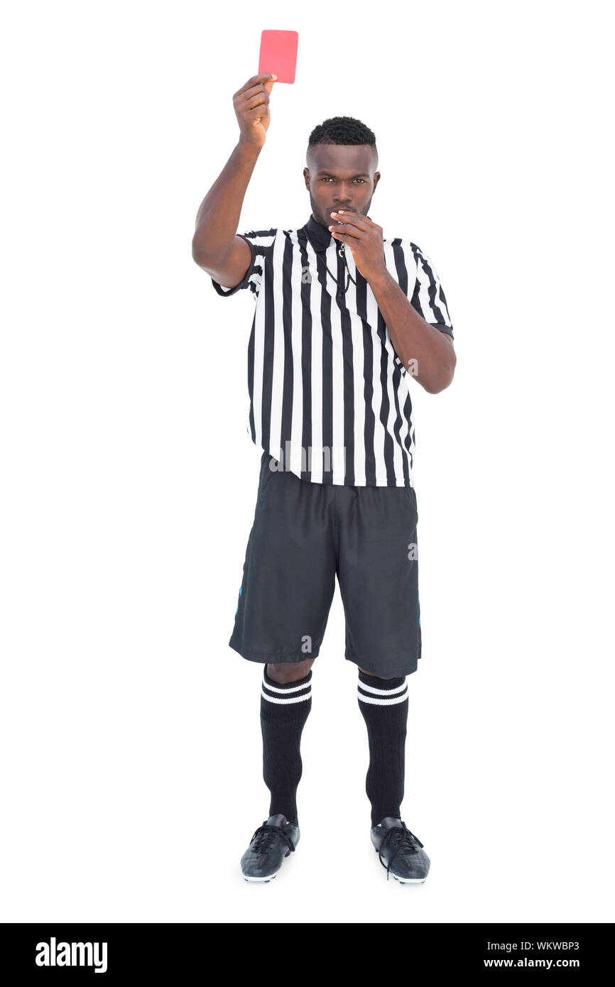 Serious referee showing red card on white background Stock Photo - Alamy