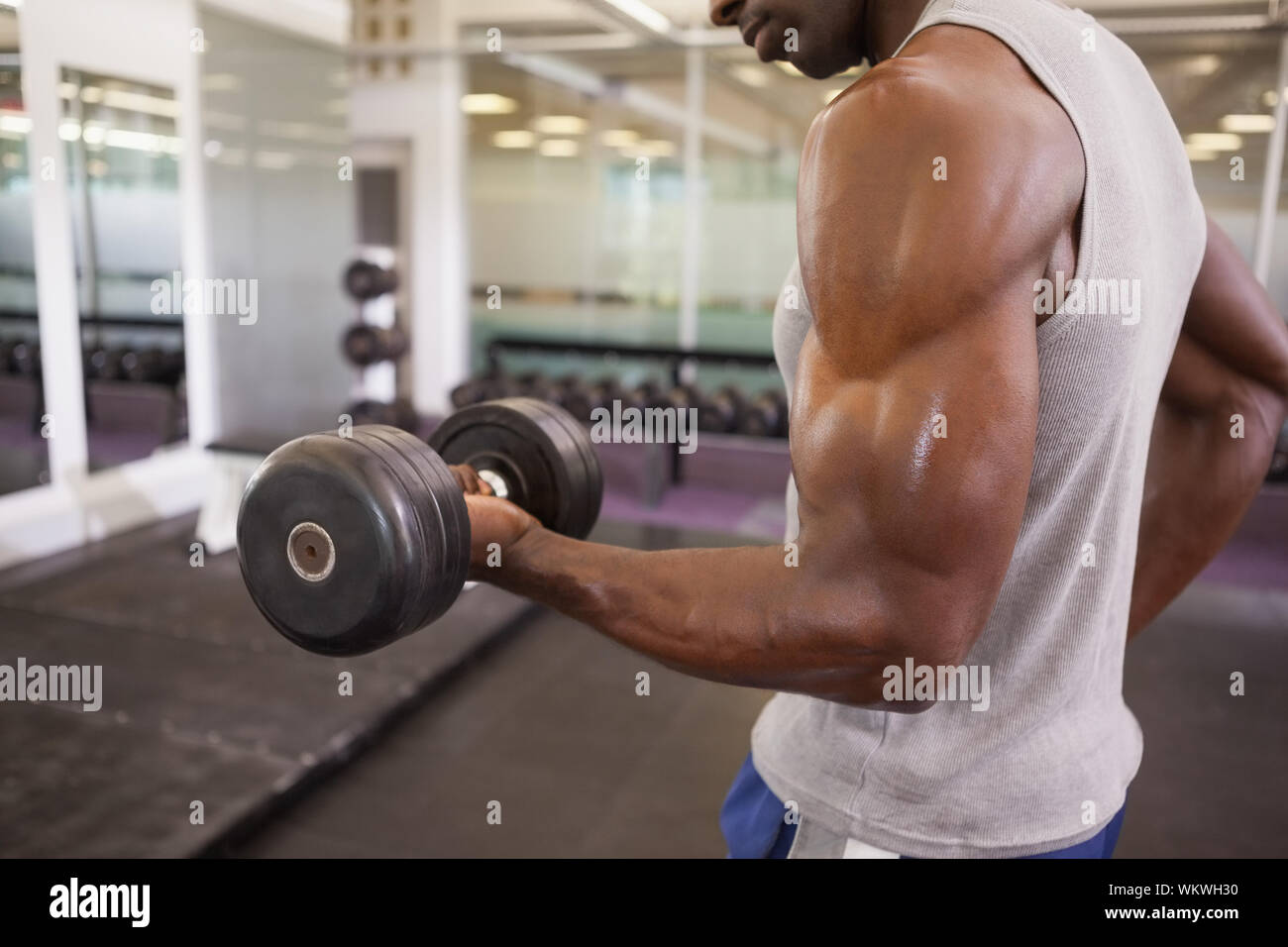Side view of a young muscular man exercising with dumbbell in gym Stock ...