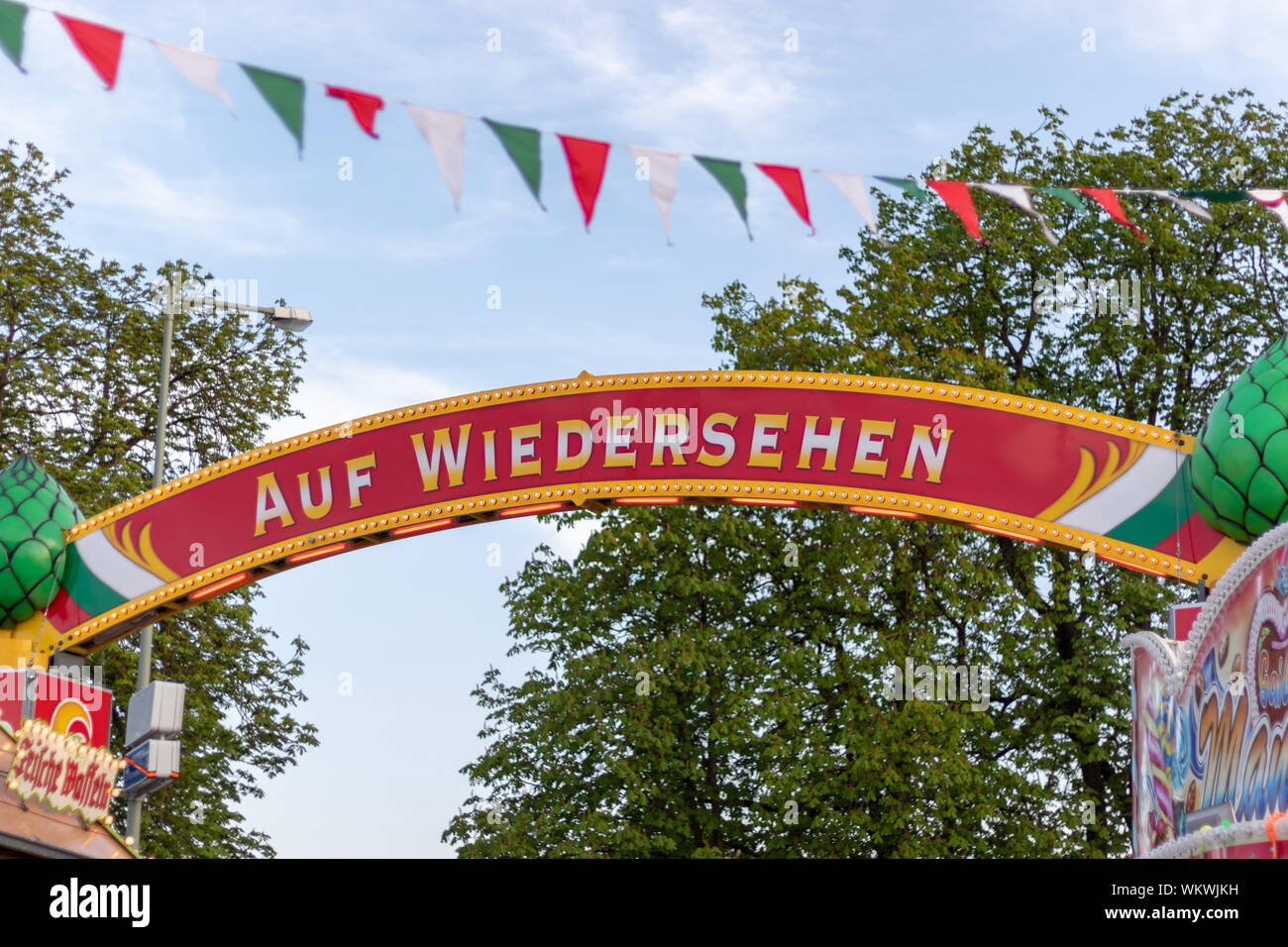 Plaerrer, Augsburg Germany, APRIL 22, 2019: exit sign of the funfair ...