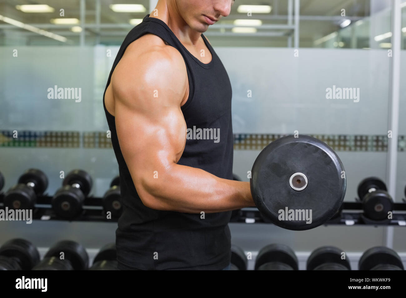 Side view of a young muscular man exercising with dumbbell in gym Stock ...