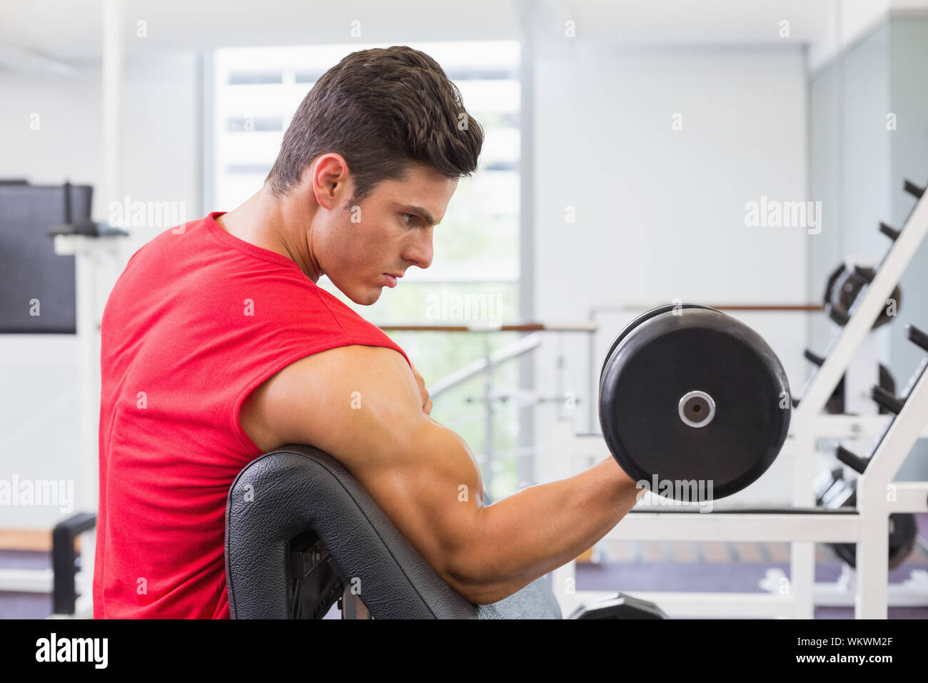 Side view of a young muscular man exercising with dumbbell in gym Stock ...