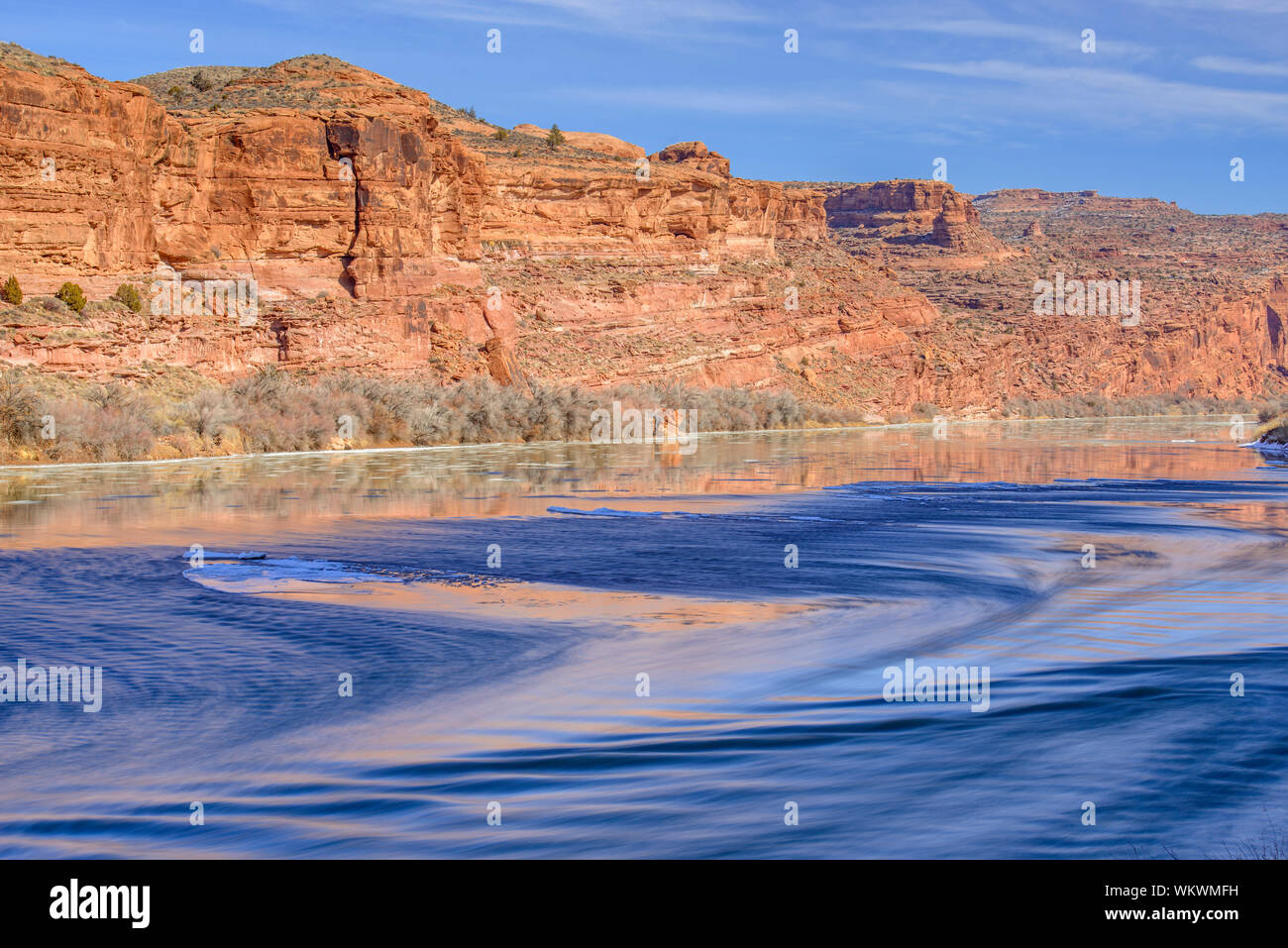 Colorado River in winter with sandstone reflections, Colorado Riverway ...