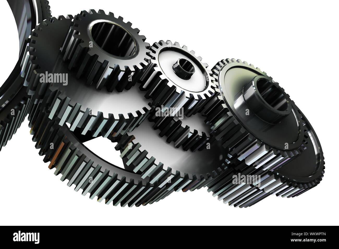 Metal cogs and wheels connecting on white background Stock Photo - Alamy