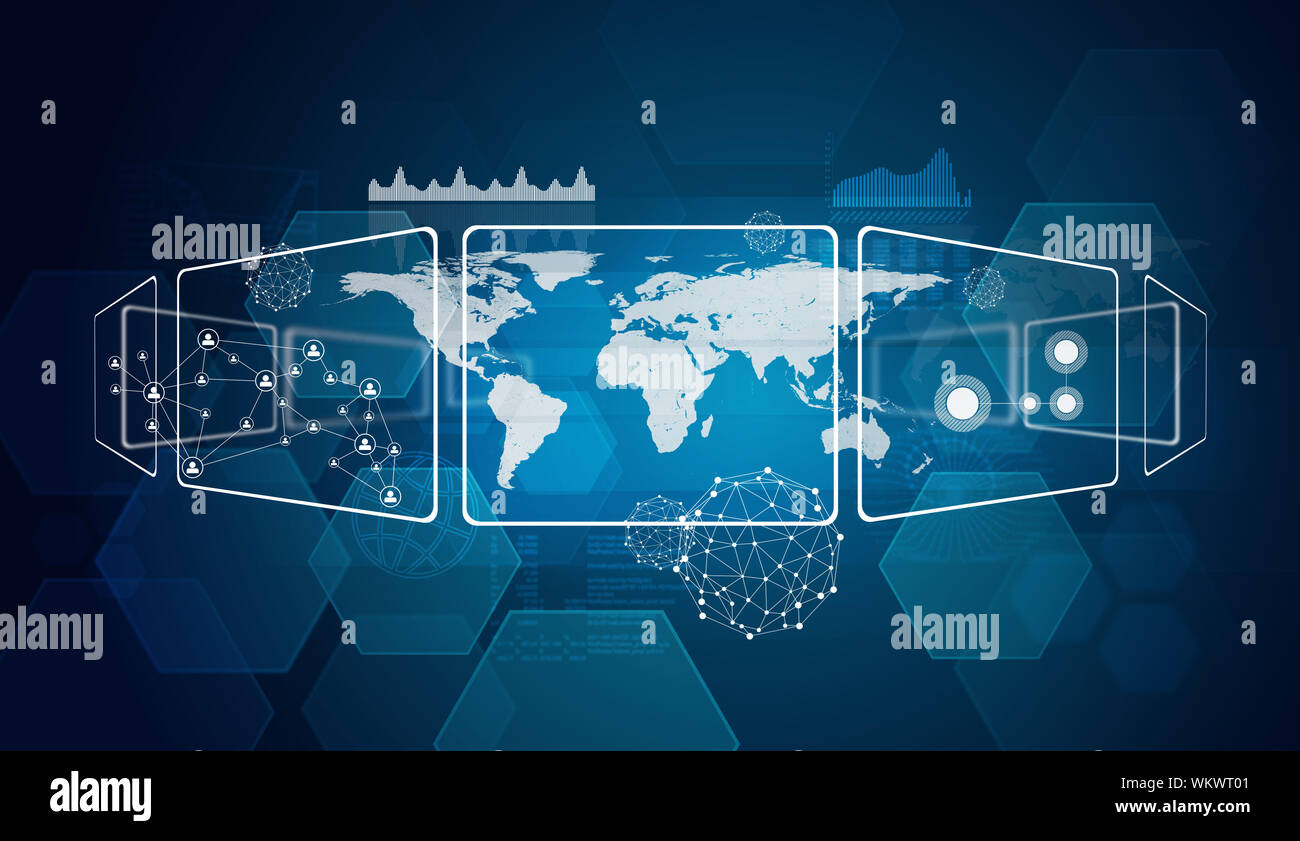 Rectangles, world map and network. The technology concept Stock Photo ...