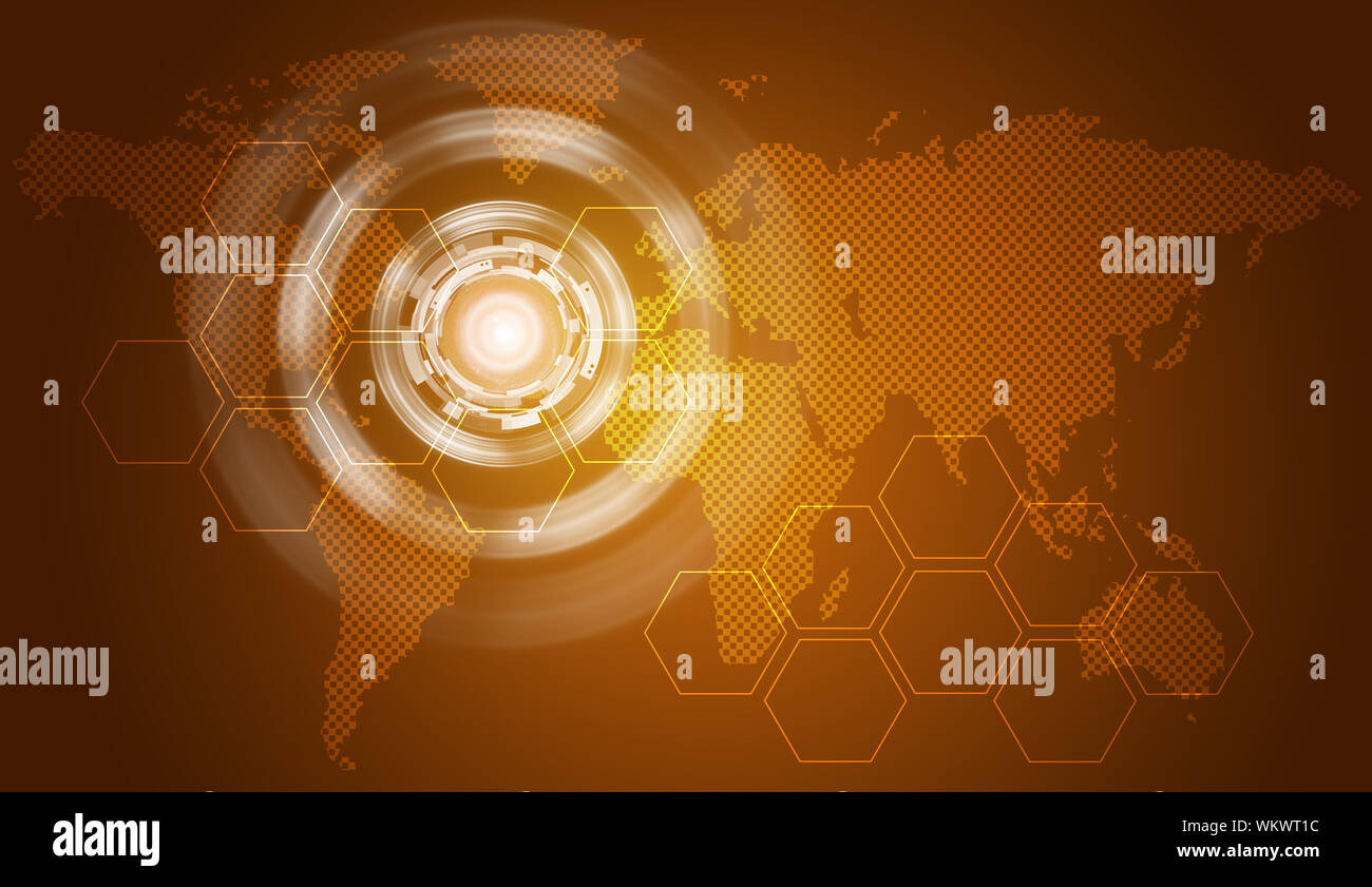Glow circles, hexagons and world map. The technology concept Stock ...