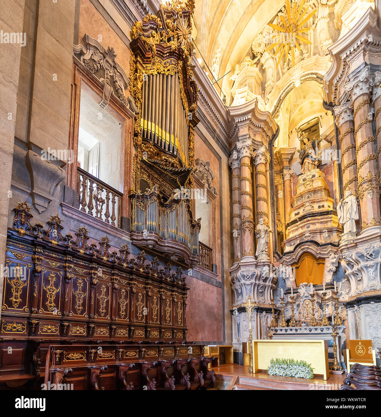 Porto, Portugal, July 19, 2019: View of Chorus and pipe organ inside of ...