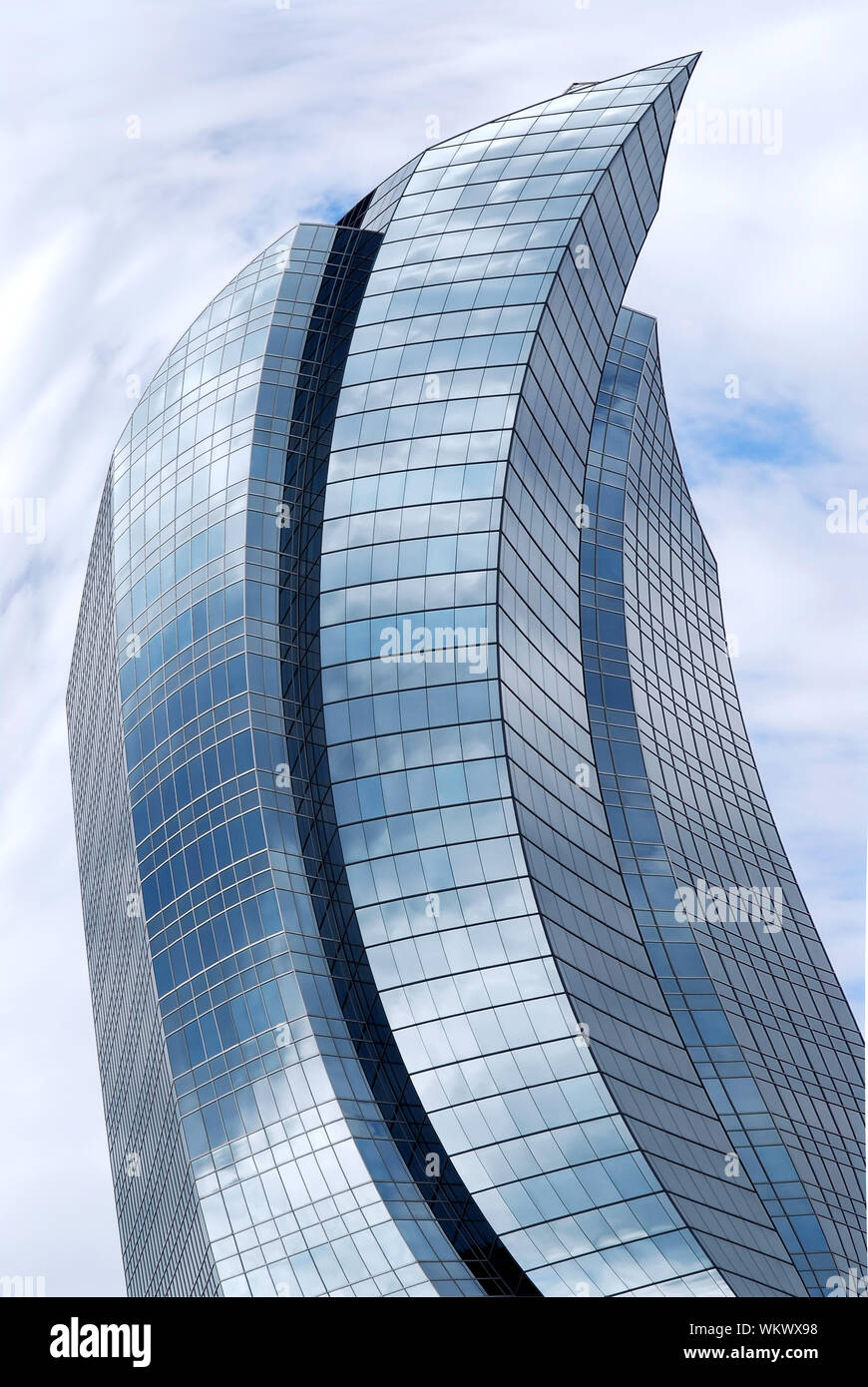 Distorted futuristic corporate building with glass walls reflecting ...