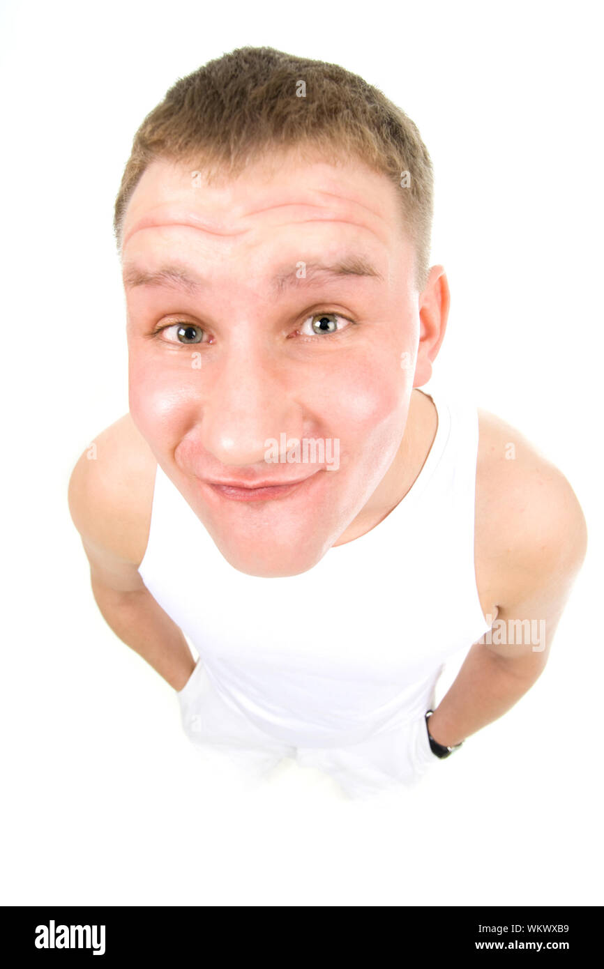 Man with funny face through fisheye lens Stock Photo - Alamy