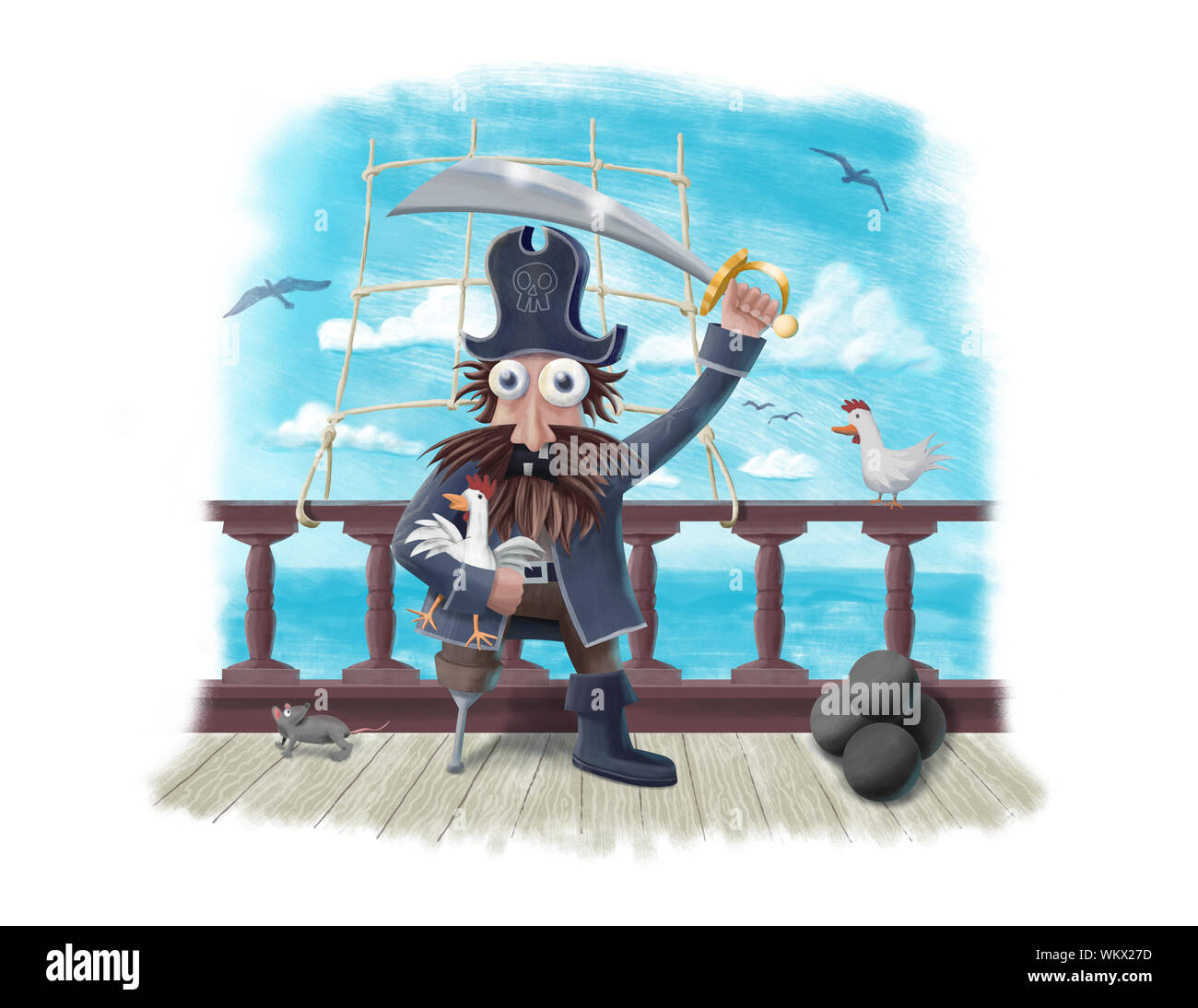 Cartoon illustration of a pirate holding a chicken standing on the deck ...