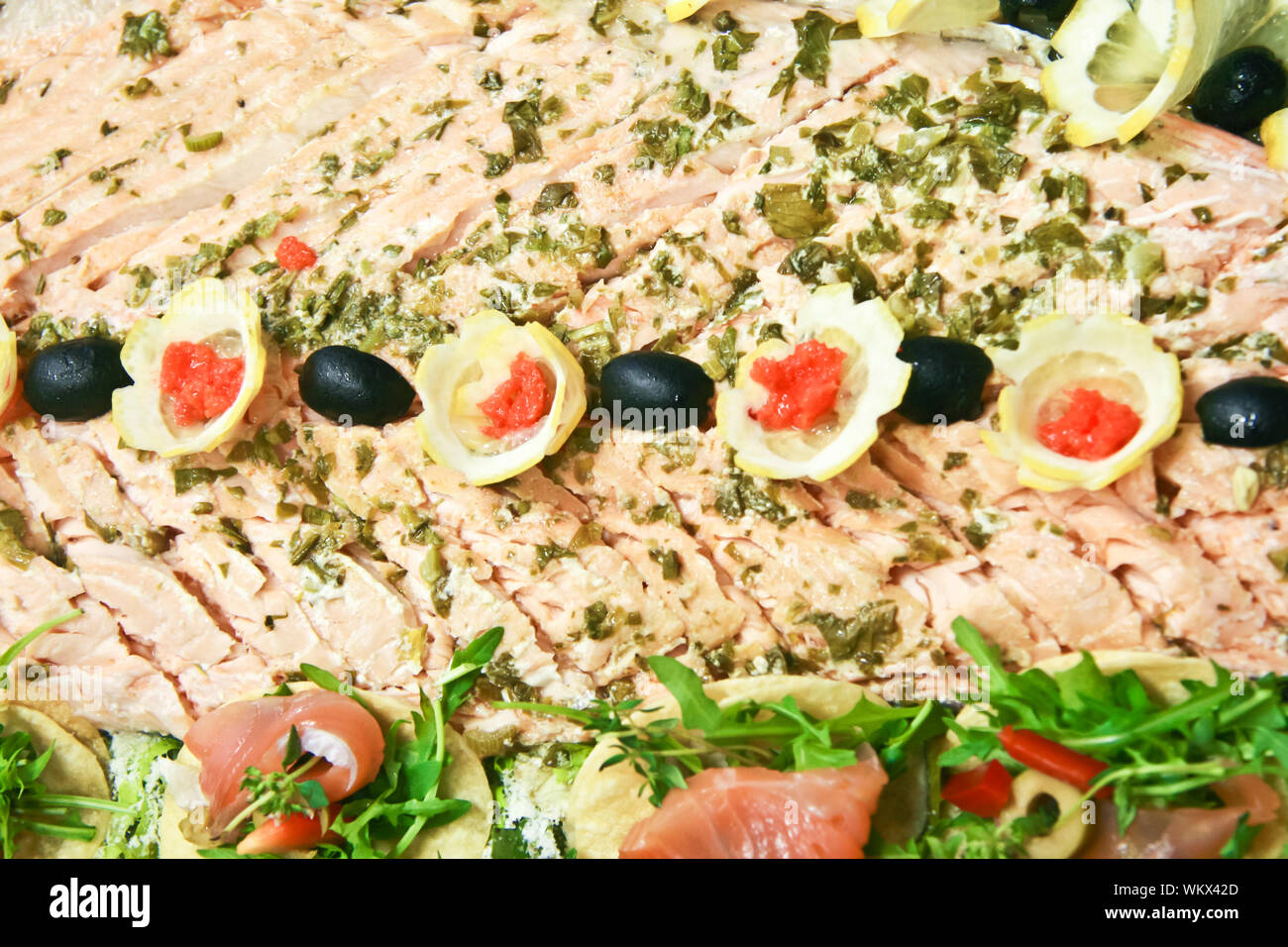 Fish dish served in the buffet catering Stock Photo - Alamy