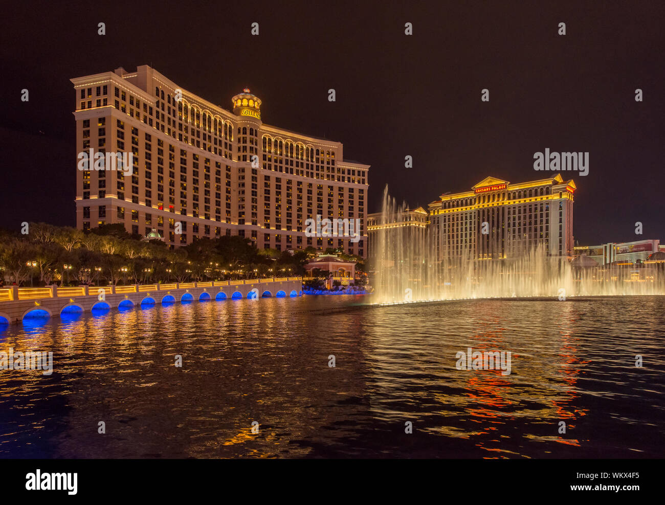Reflections in the Bellagio pool with the fountains, Las Vegas, Nevada ...