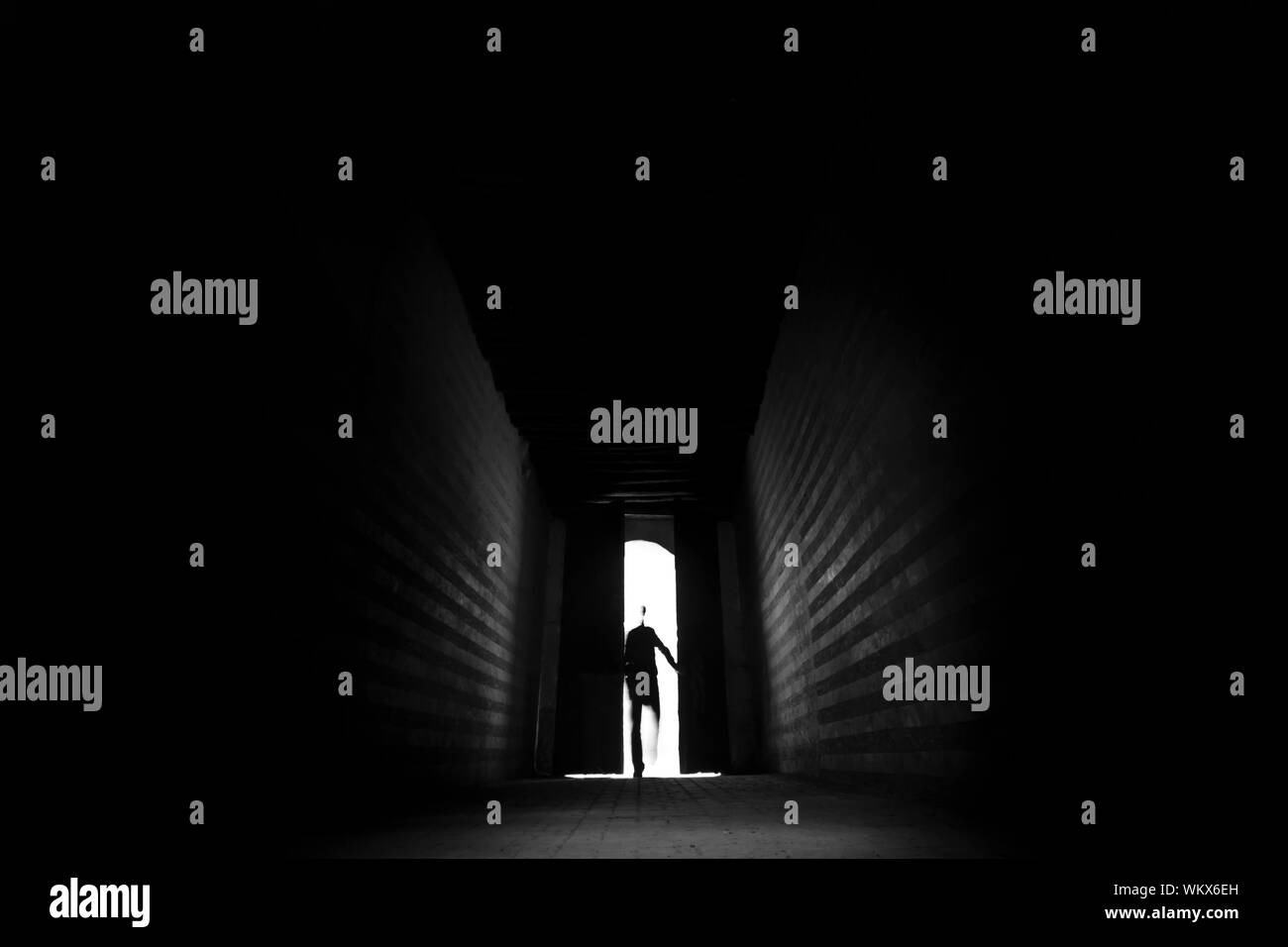 Person's silhouette entering the backlit hall Stock Photo - Alamy