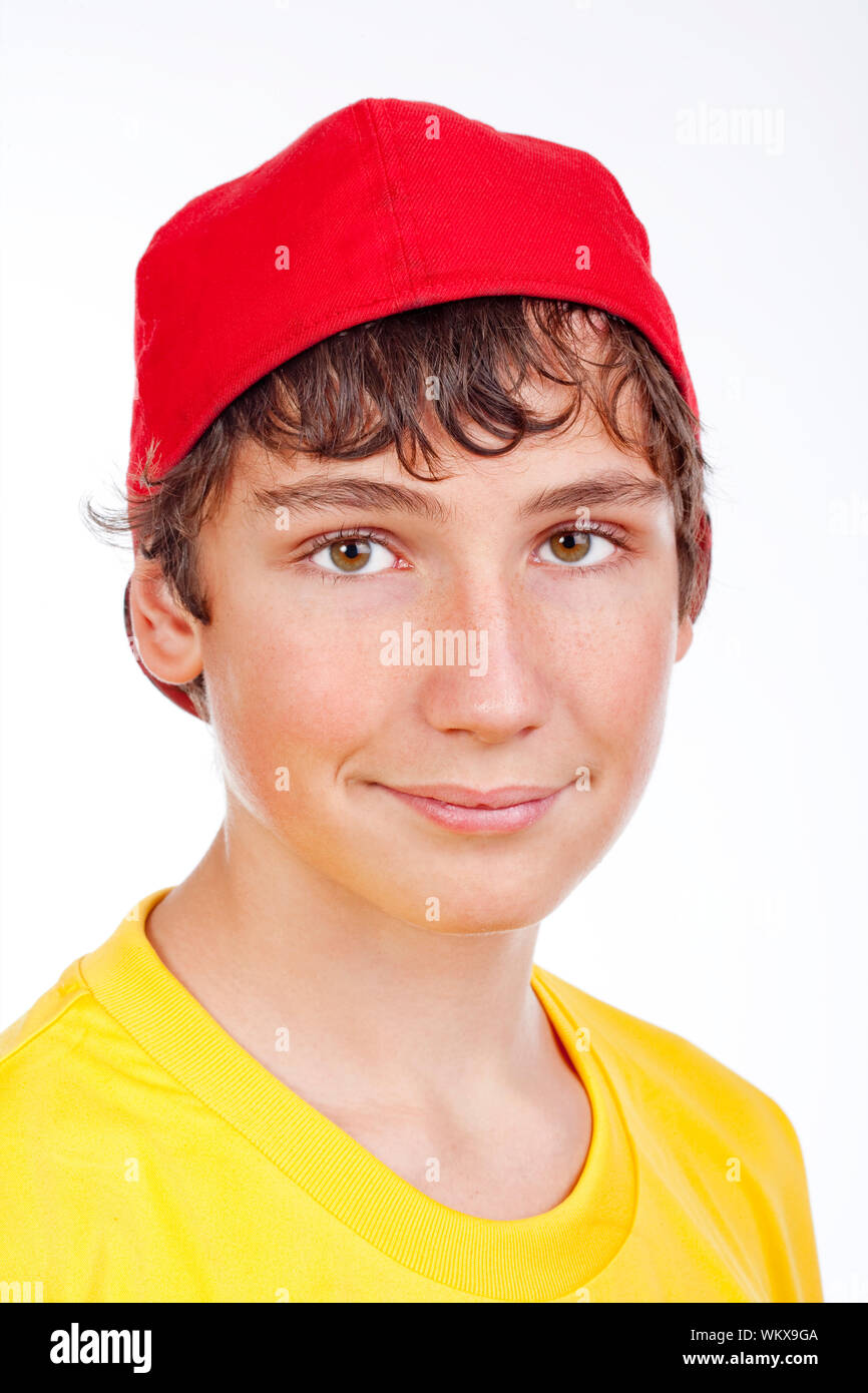 portrait of a teenage boy in red baseball cap -isolated on white Stock ...
