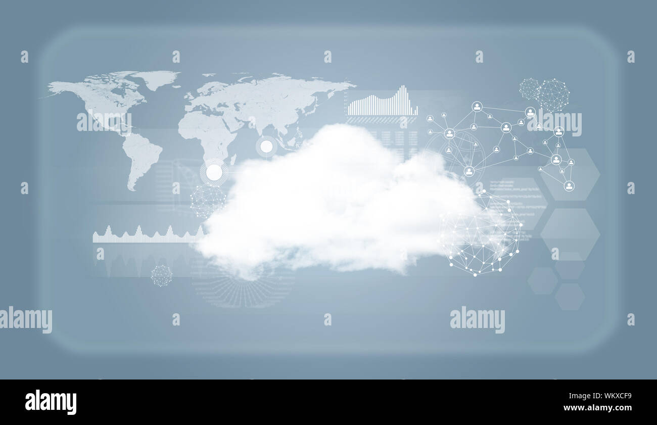 Cloud with world map, network and graphs. Technology background Stock ...