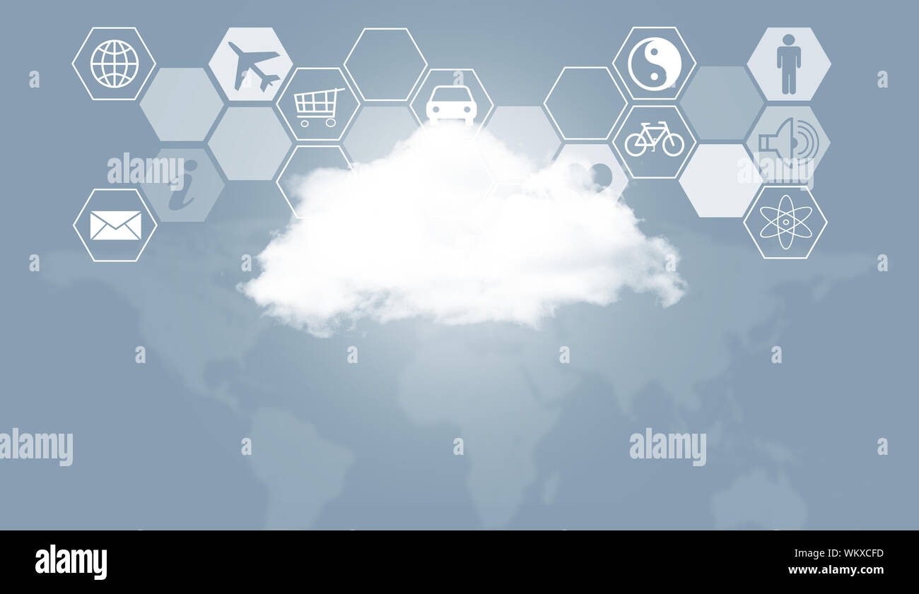 Cloud, world map and hexagons with icons. Technology background Stock ...