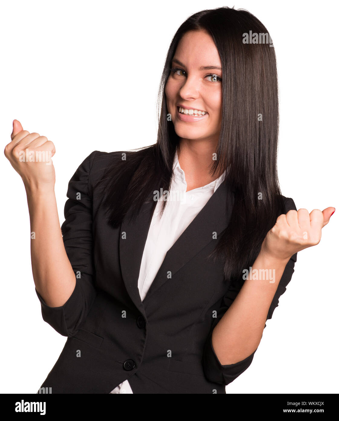 Beautiful businesswomen in suit happily raised his hands up. Isolated ...