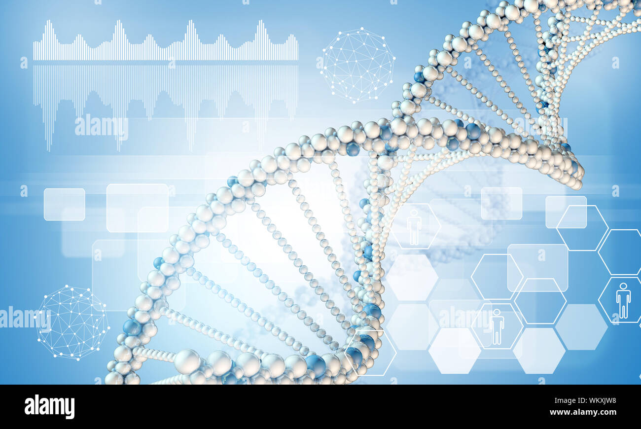 DNA model. Graphs, hexagons and wire-frame spheres as backdrop Stock ...