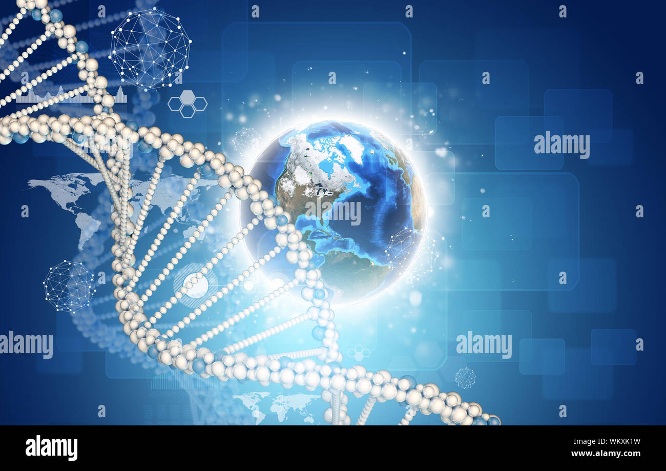 DNA model with Earth. Rectangles and graphs as backdrop. Element of ...