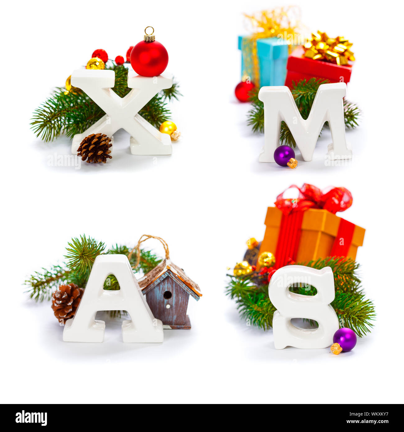 Christmas letters with decorations over white Stock Photo - Alamy