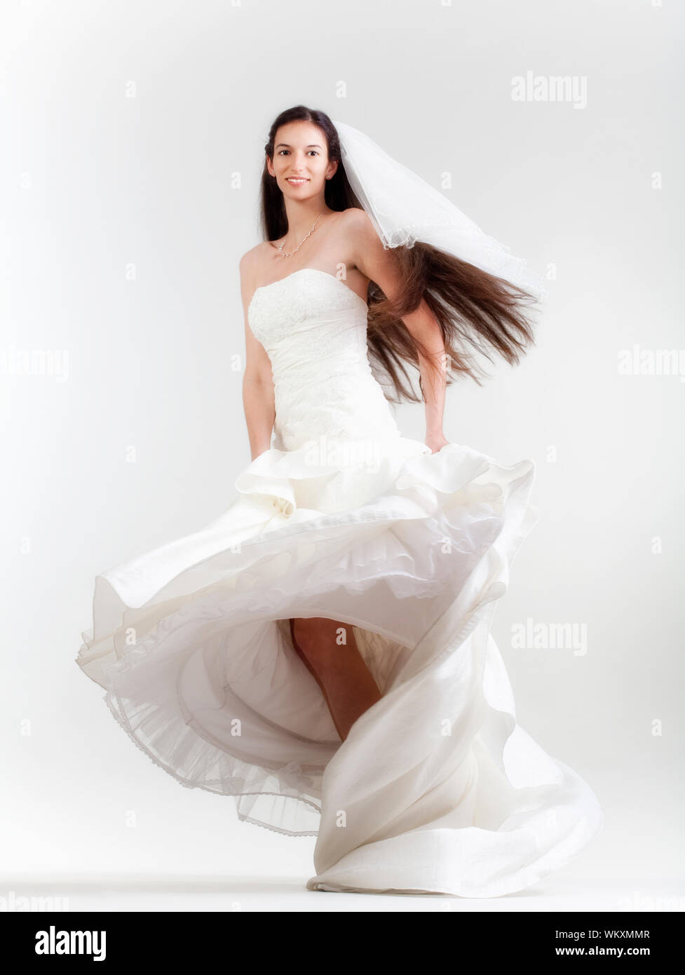portrait od a bride with long dark hair in wedding dress - isolated on ...