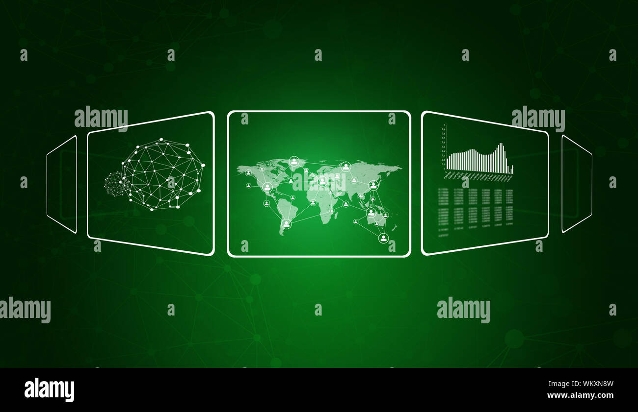 Transparent rectangles, network, wire-frame spheres and world map on ...