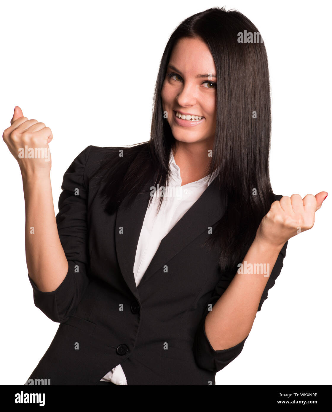 Beautiful businesswomen in suit happily raised his hands up. Isolated ...