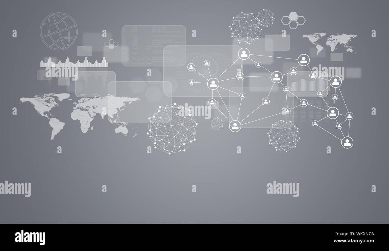 Network, wire-frame spheres, transparent rectangles and world map on ...