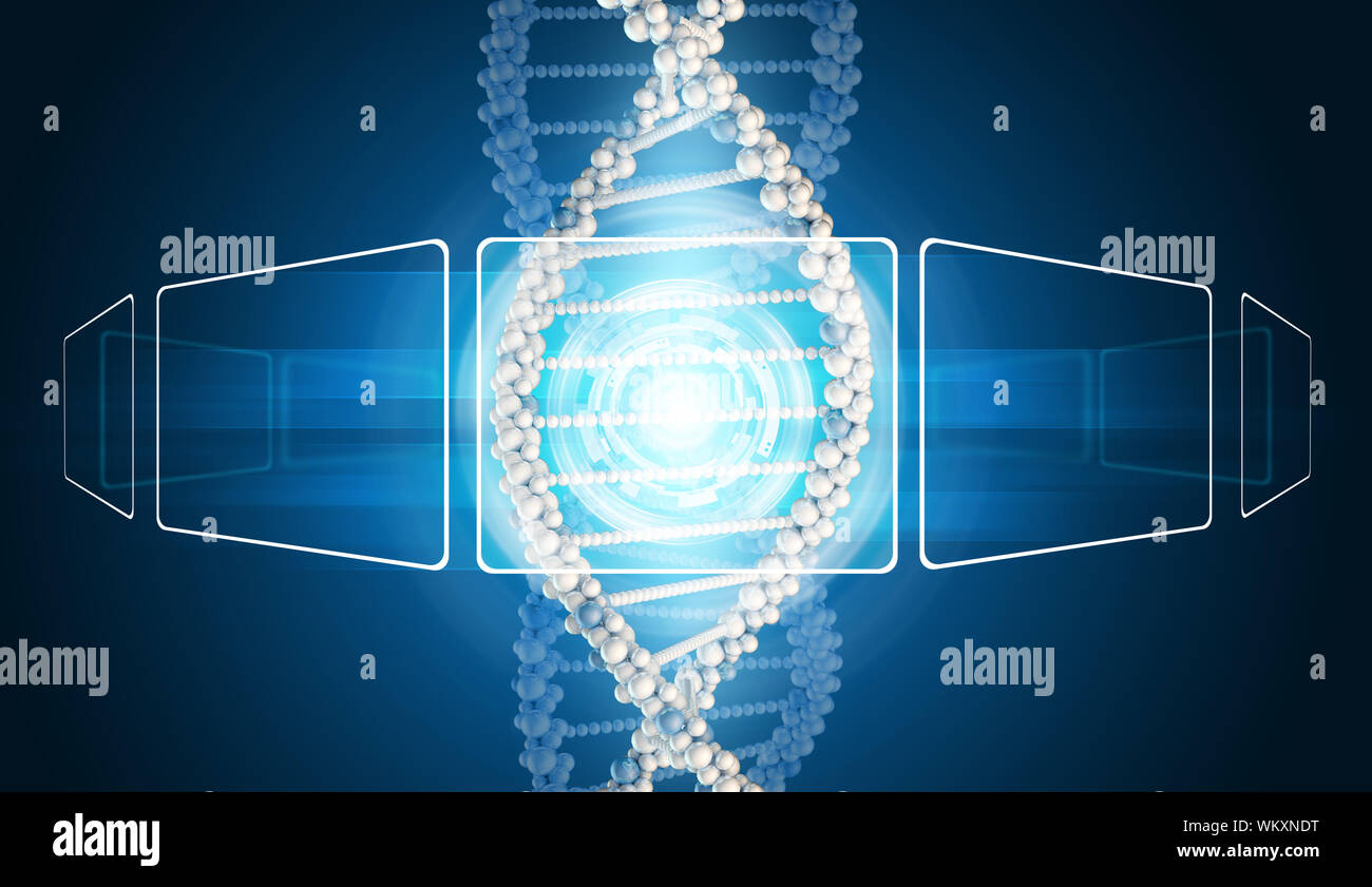 DNA model with transparent rectangles and glow circles. Blue gradient ...