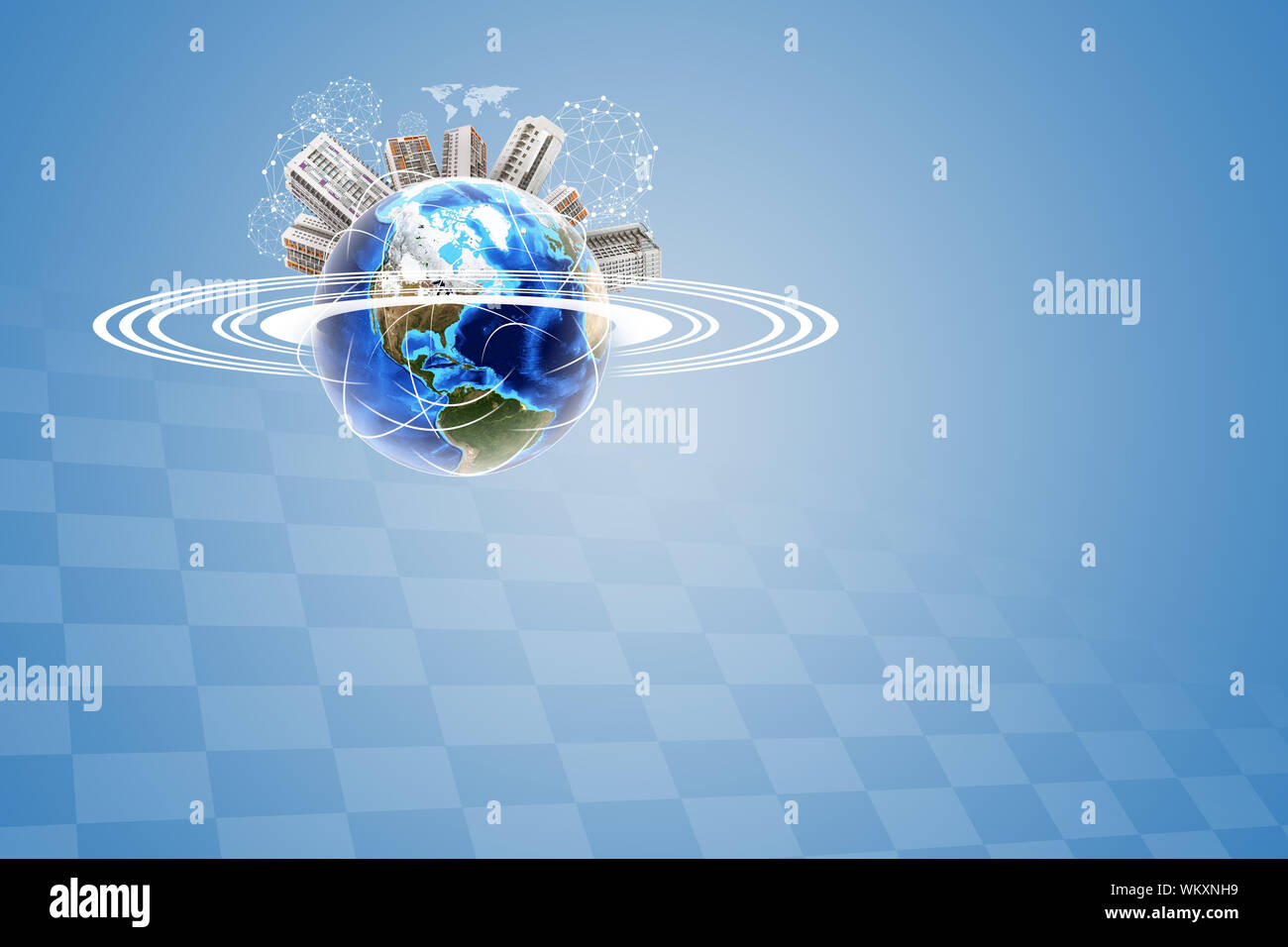 Earth with buildings and wire-frame spheres on blue background. Element ...