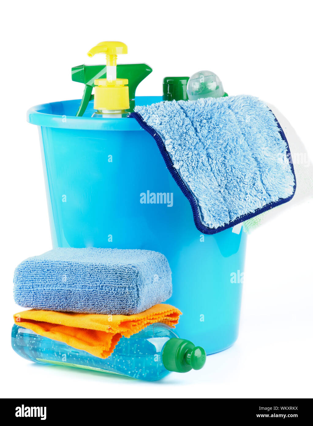 Arrangement of Cleaning Bottles and Sprays into Blue Bucket with Bath ...