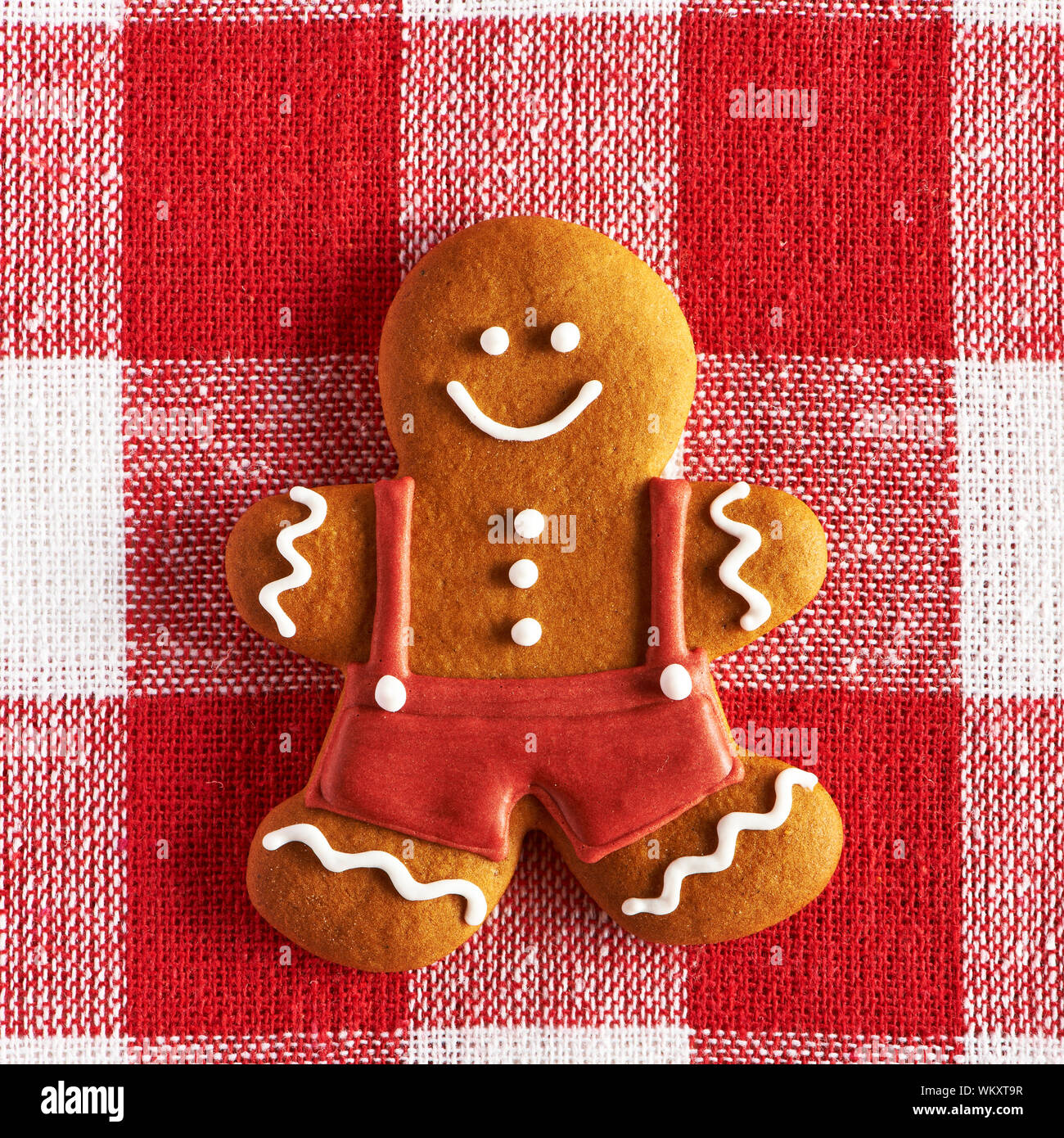 Christmas homemade gingerbread man on tablecloth Stock Photo - Alamy