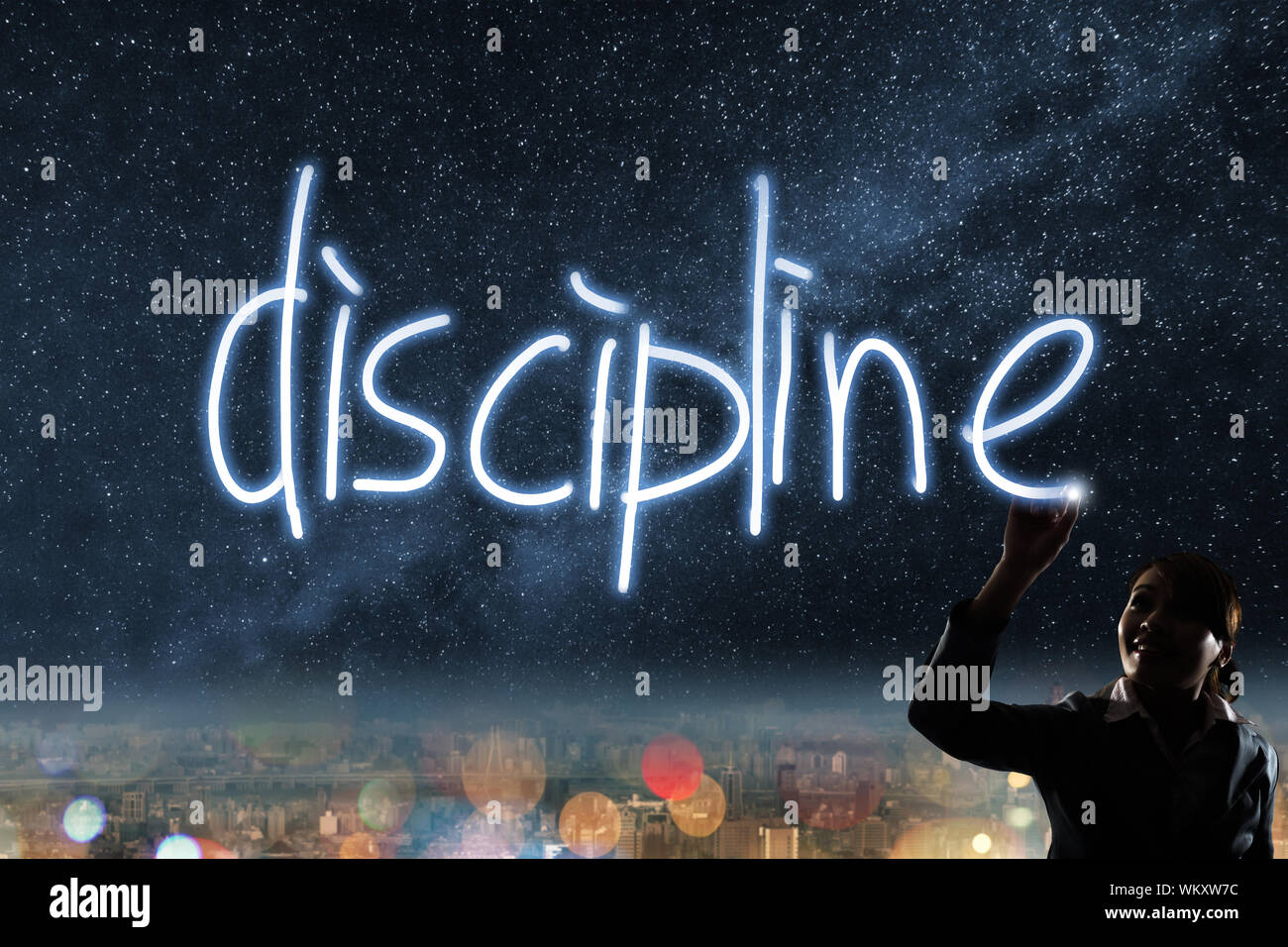 Concept of discipline, silhouette asian business woman light drawing ...