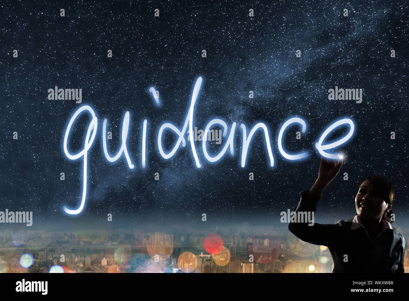 Concept of guidance, silhouette asian business woman light drawing ...