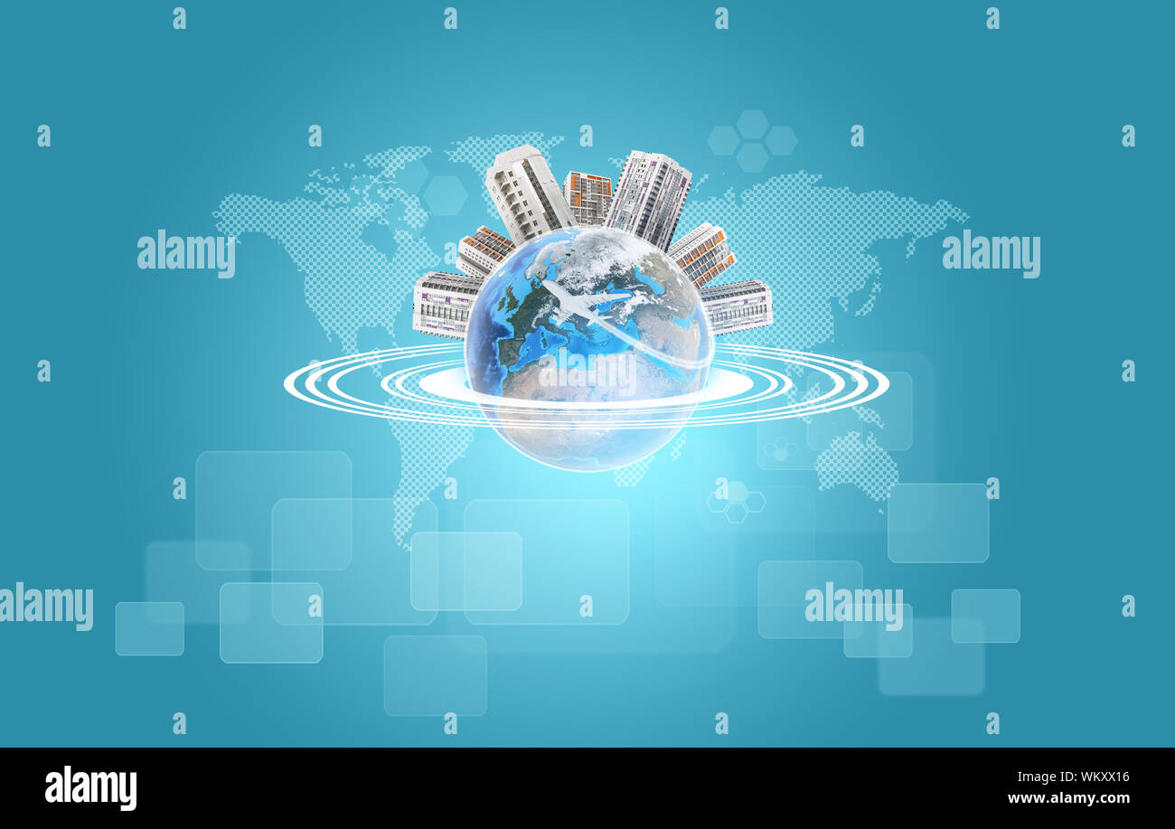 Earth with buildings and airplane. World map as backdrop. Element of ...