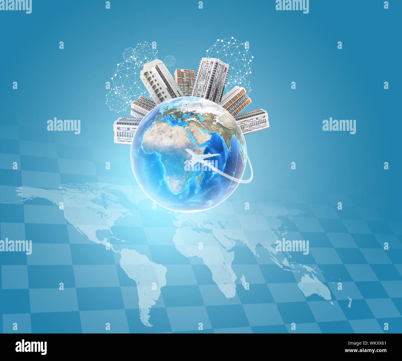 Earth with buildings. World map and chessboard as backdrop. Element of ...