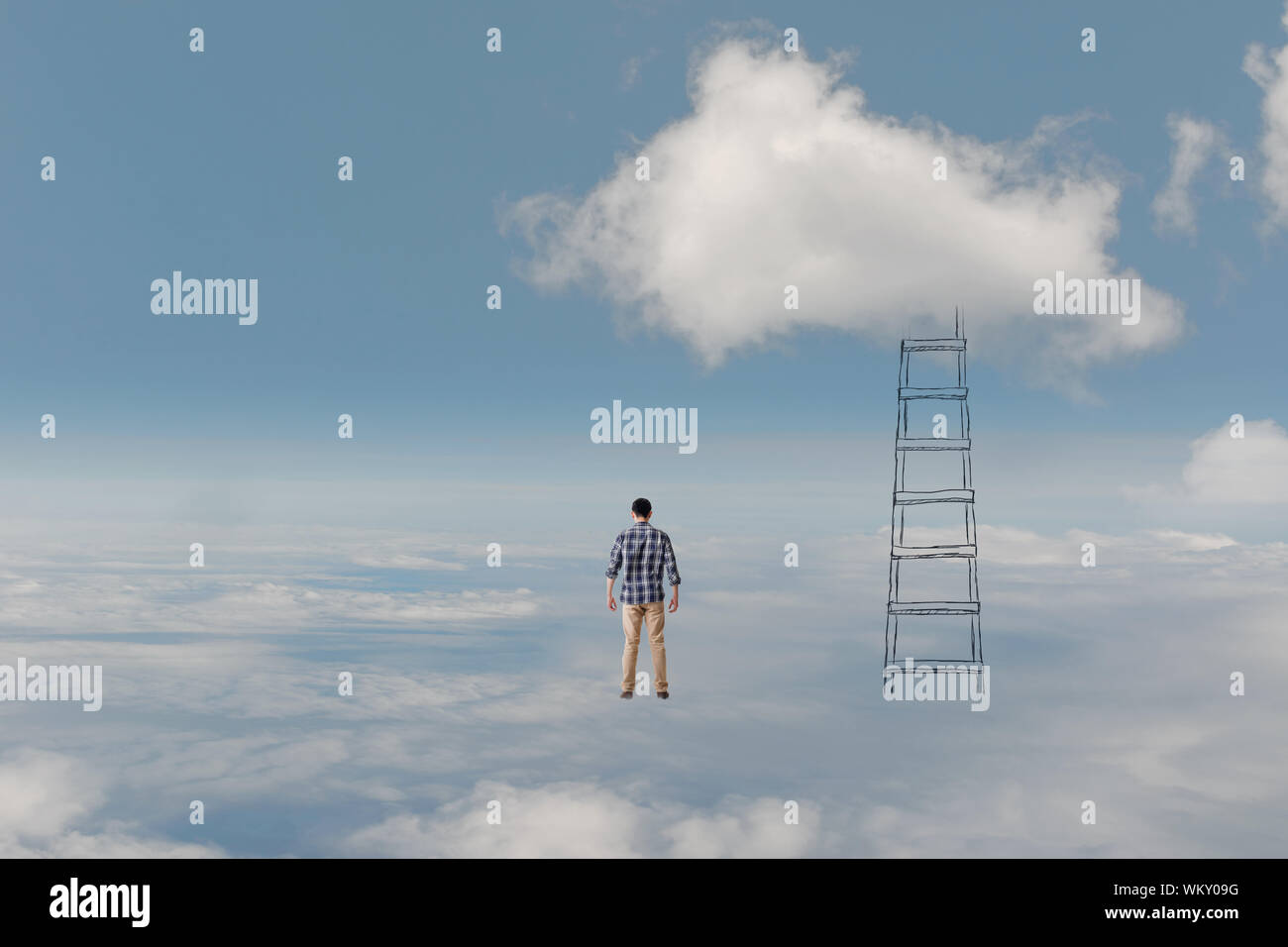 Concept of access to clouds with man and a stair Stock Photo - Alamy
