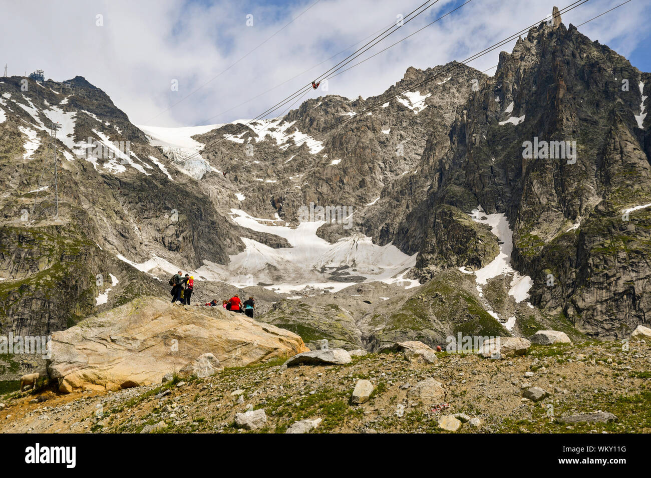 Mountain view with groups of hikers and the Mont Blanc massif with ...