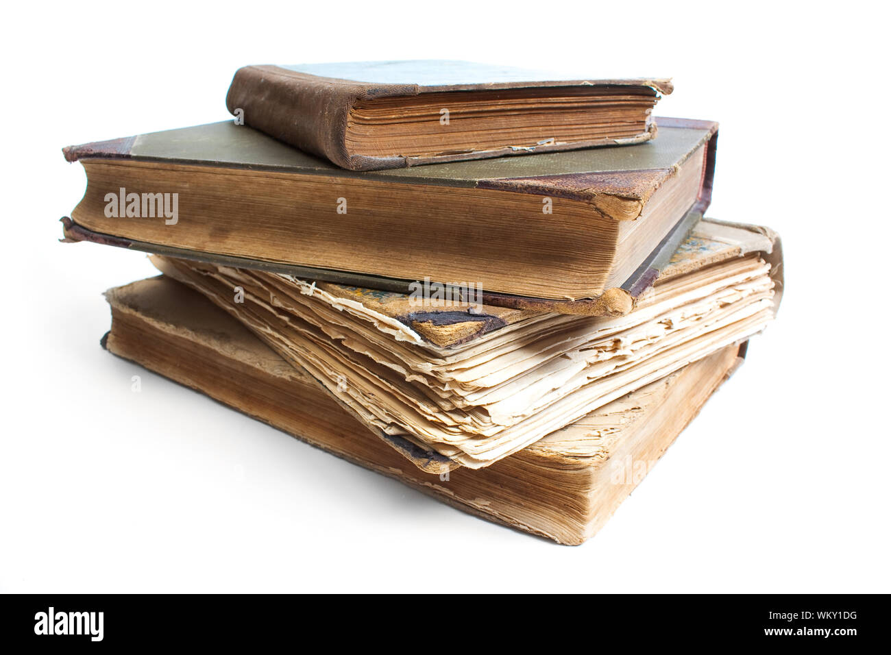 An old book with a crumpled sheet and hardcover isolated on white ...