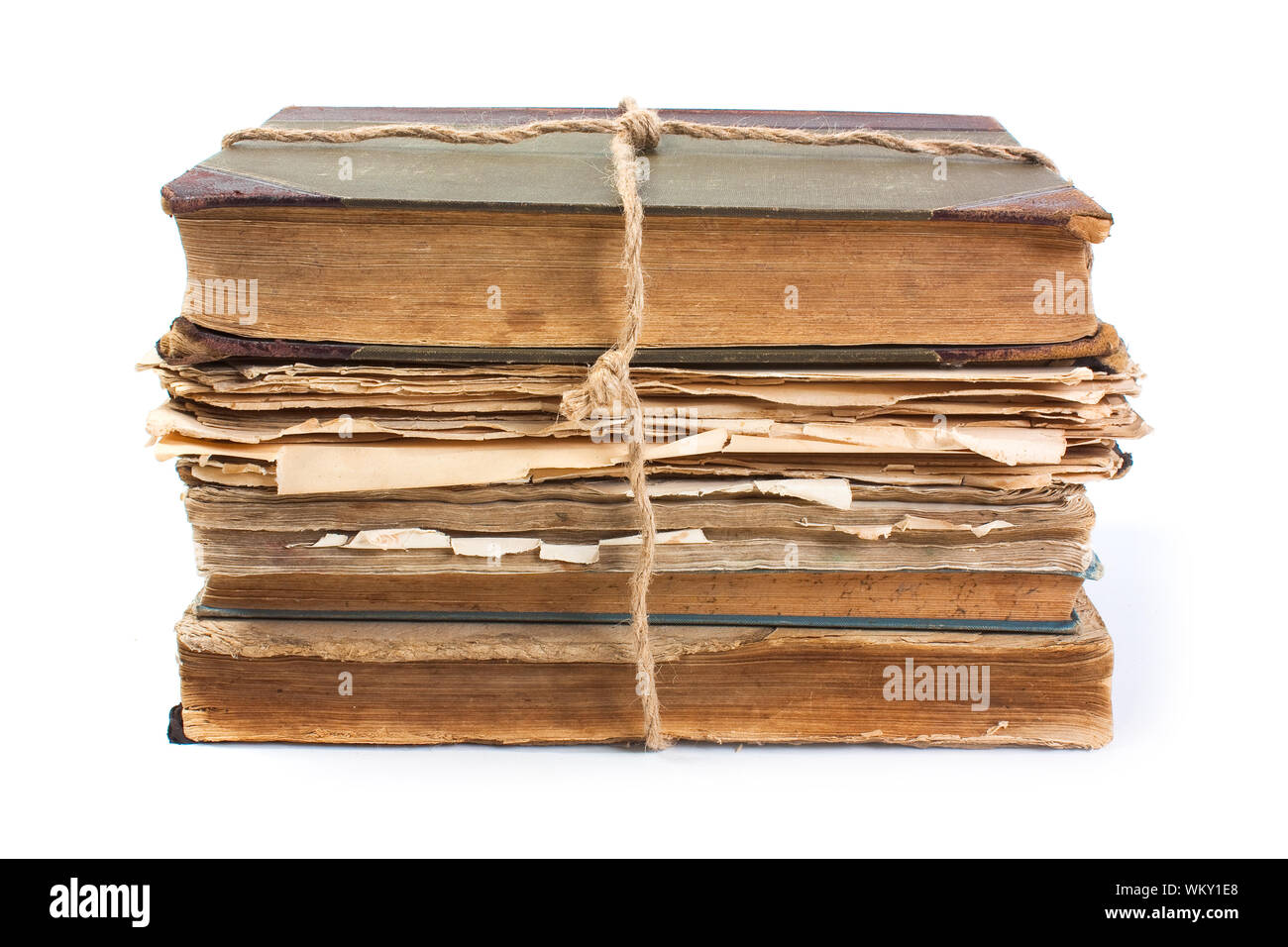An old book with a crumpled sheet and hardcover isolated on white ...