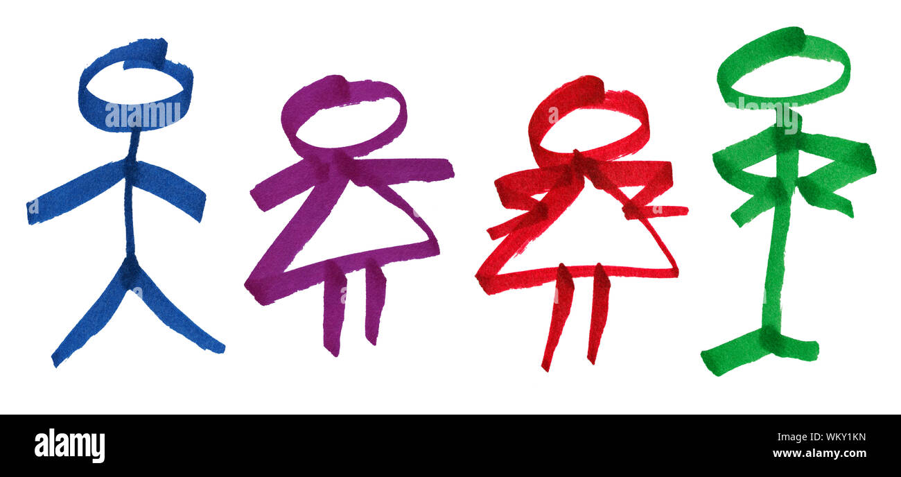 Hand drawn large colorful permament ink marker stick figures of generic ...