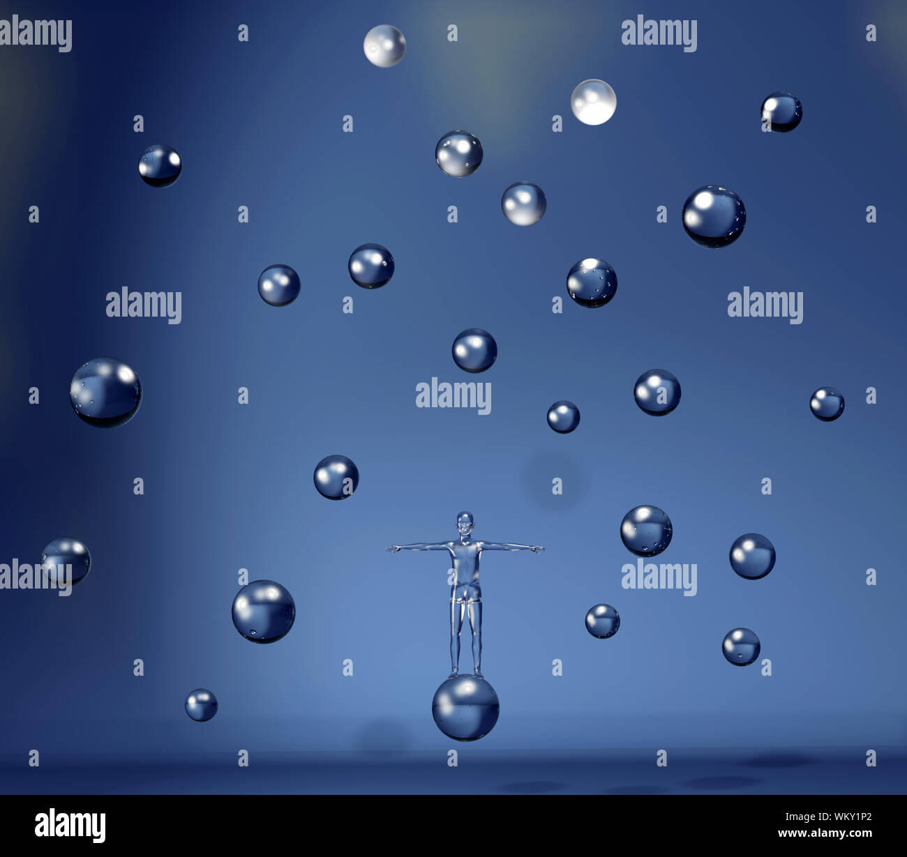 Floating man among transparent glass spheres over blue background Stock ...