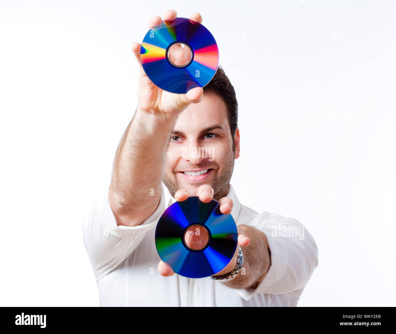 man in shirt standing smiling holding CD - isolated on white Stock ...