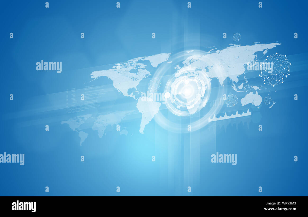 World map with glow circles, graphs and network. Blue background Stock ...