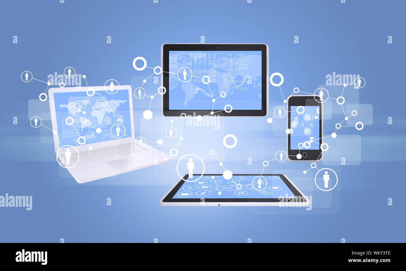 Network with laptop, tablets and smartphone. Blue background Stock ...