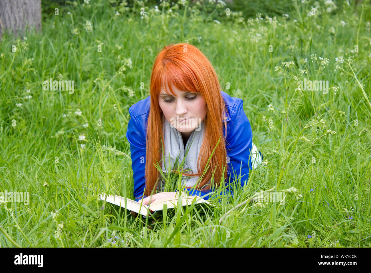 Young woman with red hair reading a book Stock Photo - Alamy