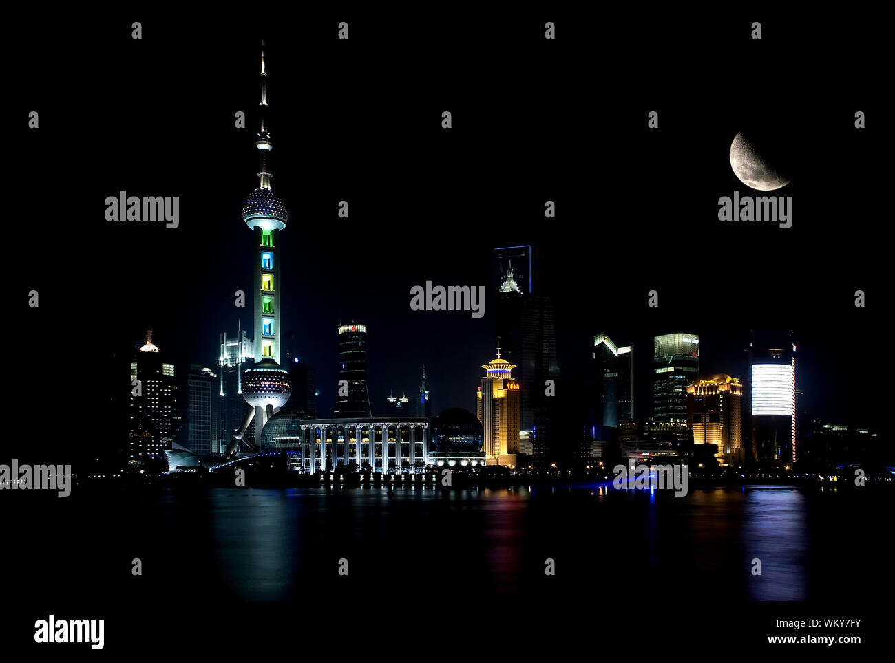 shanghai skyline by night with moon Stock Photo - Alamy