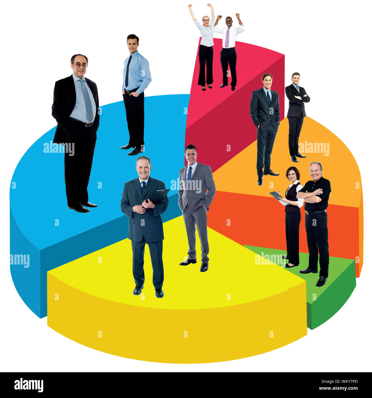 Business people standing on multicolored pie chart Stock Photo - Alamy