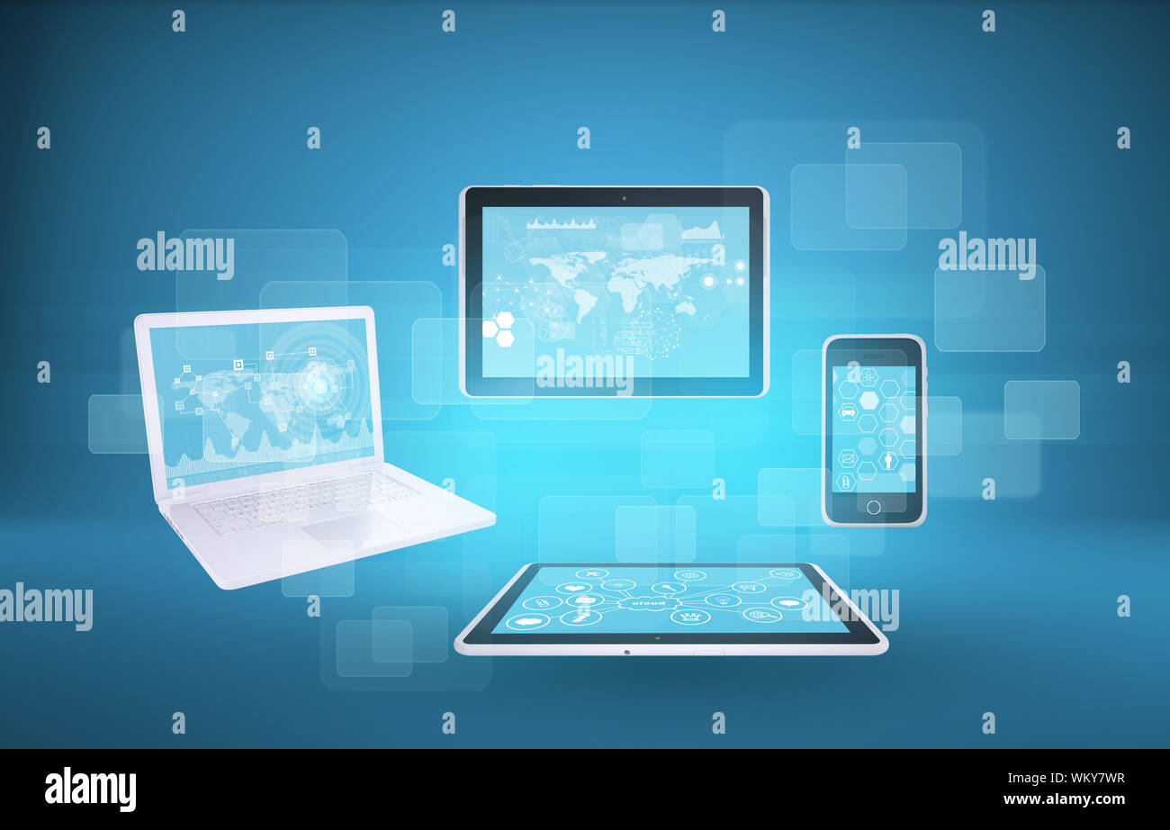Laptop, tablets and smartphone. Blue background. Technology concept ...
